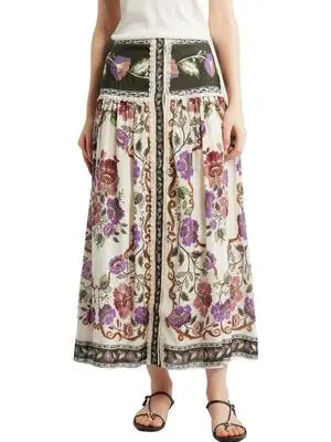 Farm Rio Floral Print Midi Skirt - Rococo Flowers Cream