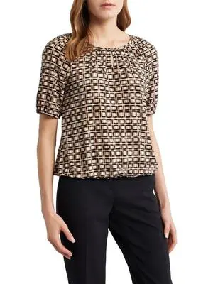 Anne Klein Printed Keyhole Peasant Top - Anne Black/latte