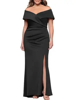 XSCAPE EVENINGS Off-the-shoulder Scuba Knit Gown - Black