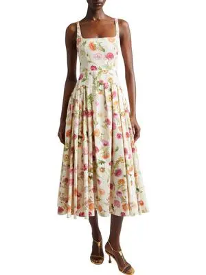 Carolina Herrera Poppy Print Pleated Fit & Flare Dress - Almond Multi