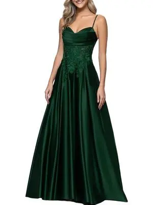 BLONDIE NITES Sequin Lace Detail Satin Gown - Hunter