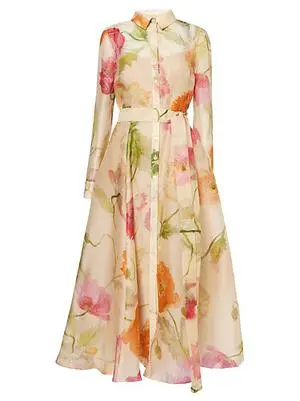 Carolina Herrera Poppy-print Belted Silk-organza Midi Trench Dress - Almond Multi
