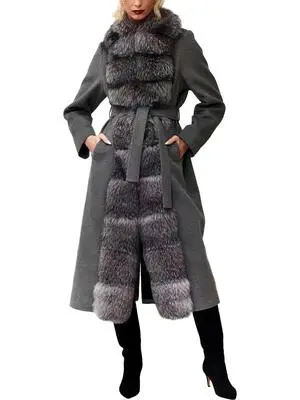 POCHE PARIS Belted Midi Coat With Faux-fur Trim - Grey