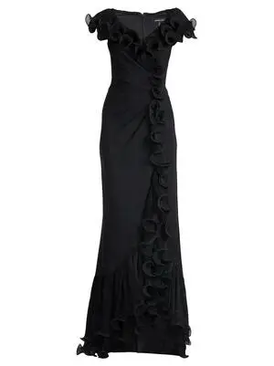 Tadashi Shoji Ruffled Pleated Maxi Dress - Black