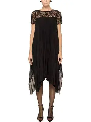 NISSA Lace-panel Pleated Midi Dress - Black