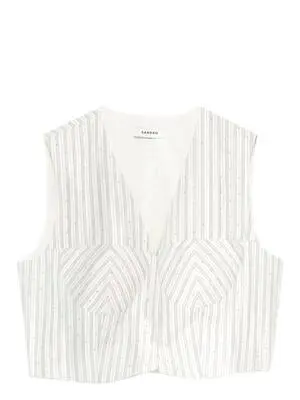 Sandro Striped Rhinestone Embellished Crop Top - White