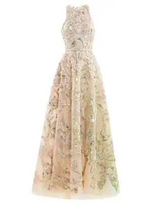 SAIID KOBEISY Embroidered Tulle Maxi Dress - Gold