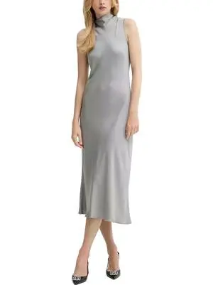 FRACOMINA Satin Mock Neck Midi Dress - Grey
