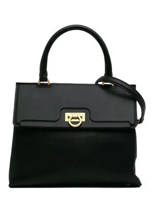 FERRAGAMO Leather Gancini Trifolio Satchel - Black