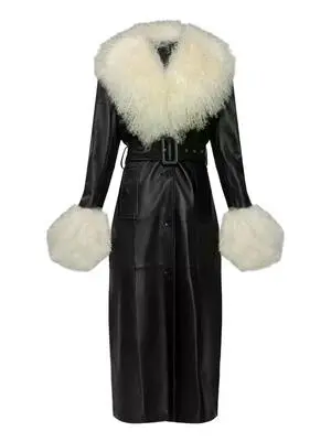 STAND STUDIO Fur-trim Belted Coat - Black