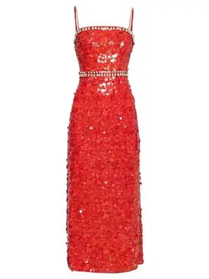 NISSA Crystal-embellished Sequin Midi Dress - Red