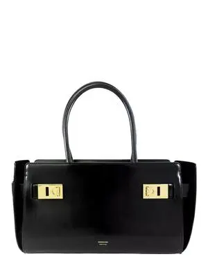FERRAGAMO Leather Double Gancini Side Buckle Tote Bag - Black