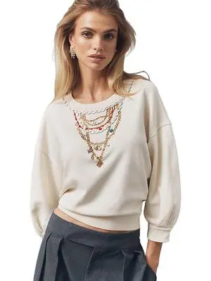 Maeve Bubble Sleeve Crop Cotton Sweater - Ivory