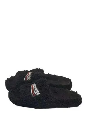 Balenciaga Shearling Logo Flat Slides - Black
