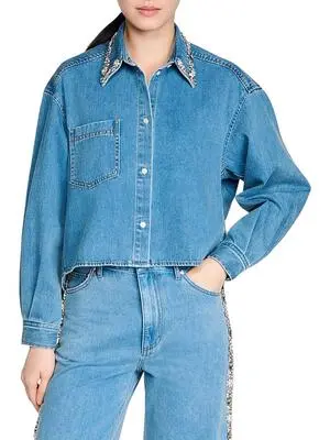 Sandro Carmella Rhinestone-trimmed Denim Shirt - Blue Jean