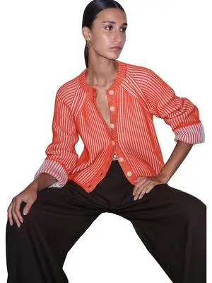 ME+EM Soft Touch Rib Cotton Cardigan - Vivid Orange/chambray Blue