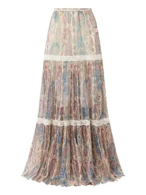 Etro Tiered Lace-Trimmed Paisley-Print Silk-Crepon Maxi Skirt Multi