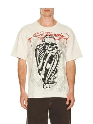 Ed Hardy Skele Rhinestone Boxy Tee In White - Ivory