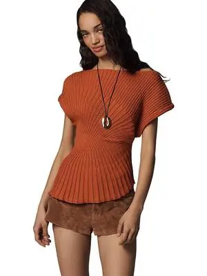 Anthropologie Asymmetric Ribbed Short-sleeve Pullover Sweater - Paprika