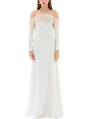 DINA MELWANI Pearl And Crystal Embellished Gown - White