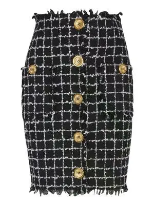 Balmain Tweed Pencil Skirt With Gold-tone Buttons - Black
