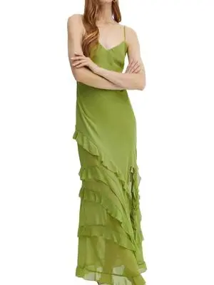 Bardot Ruffled V-neck Midi Dress - Green