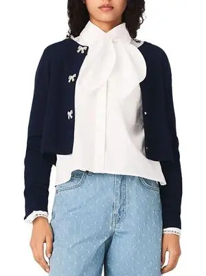 Maje Bow Jewelry Button Wool Cardigan - Navy