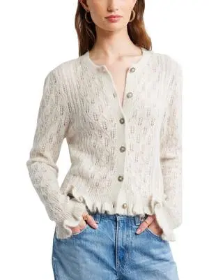 Treasure & Bond Pointelle Ruffle Edge Cardigan - Beige Oatmeal Light Heather