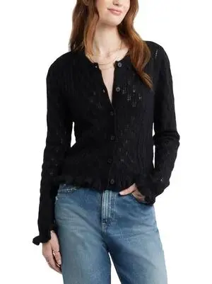 Treasure & Bond Pointelle Ruffle Edge Cardigan - Black