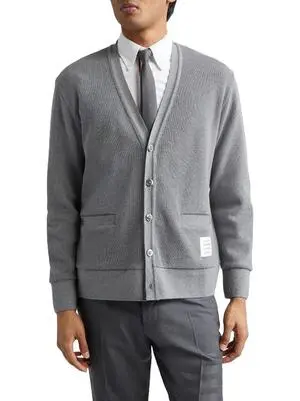 Thom Browne Waffle Knit V-neck Cardigan - Med Grey
