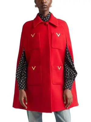 Valentino Garavani V-detail Wool & Silk Double Drill Cape - Deep Red