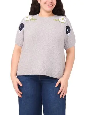 CECE DUPRAZ Floral Embroidered Short Sleeve Sweater - Silver Heather