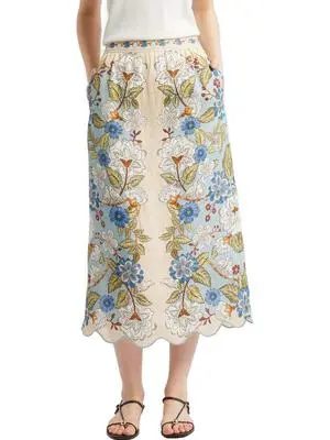 FARM RIO Garden Scarf Print Linen Midi Skirt