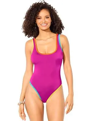 SWIMSUITS FOR ALL Shimmer Trim Square Neck One Piece Swimsuit - Fruit Punch Multi