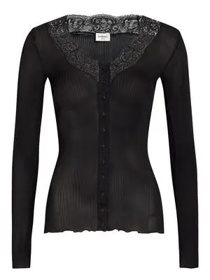SAINT LAURENT Lace-Trim Ribbed Silk Cardigan