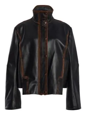 Brandon Maxwell The Mason High-neck Hand Distressed Leather Jacket - Black