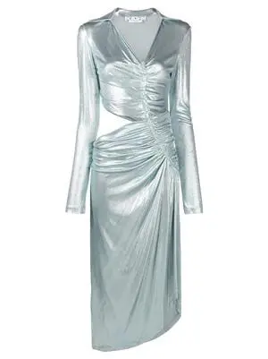 Off-White Metallic Draped Midi Dress - Silver Tone