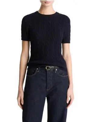 Vince Cable-knit Wool & Cashmere-blend Short-sleeve Sweater - Black