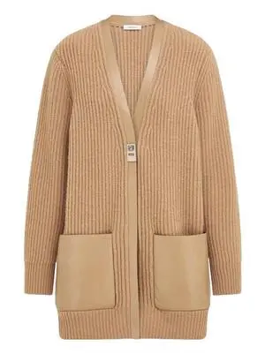 FERRAGAMO Longline Virgin Wool Cardigan With Leather Trim - Brown
