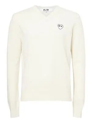 Play Comme Des Garcon Heart-embroidered Knitted Wool Jumper - Natural