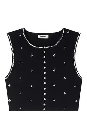 Sandro Rhinestone-embellished Cropped Knitted Top - Black