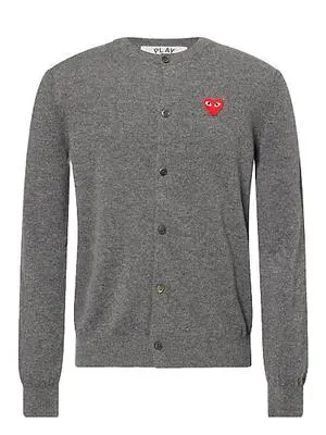 Play Comme Des Garcon Heart-embroidered Knitted Wool Cardigan - Med Gray