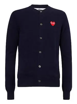 Play Comme Des Garcon Heart-embroidered Knitted Wool Cardigan - Navy