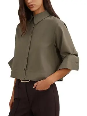 REISS Cropped Cotton-blend Shirt - Khaki Gree