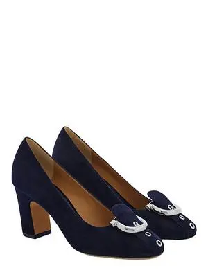 FERRAGAMO Suede 70 Buckle Pumps - Navy