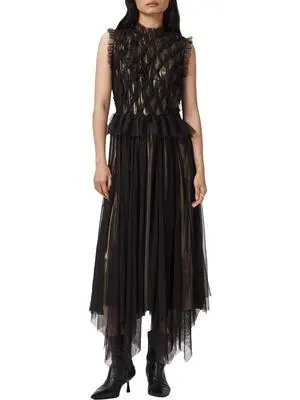ALLSAINTS Lola Metallic Tulle Asymmetric Midi Dress - Black/metallic Gold