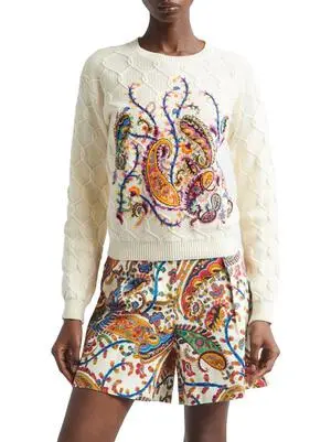 Etro Embroidered Crop Cotton Blend Sweater - Ivory