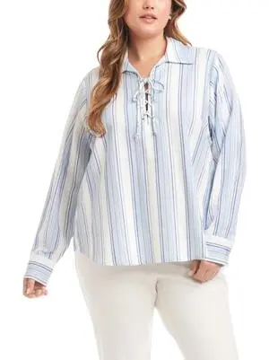 Karen Kane Linen Blend Lace-up Popover Shirt - Stripe