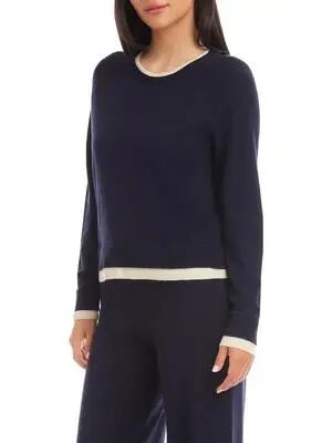 Karen Kane Contrast Trim Crewneck Sweater - Navy W/cream