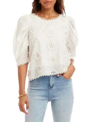 Karen Kane Embroidered Eyelet Cotton Puff Sleeve Top - Off White